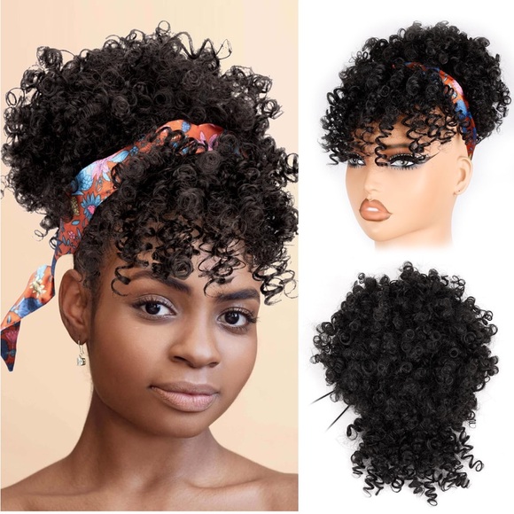Hair | 4b4c Kinky Curly Afro Drawstring Bun With Bang | Poshmark
